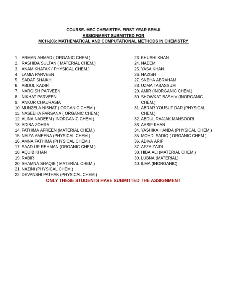 MSC Chemistry Assignment Submission List | PDF