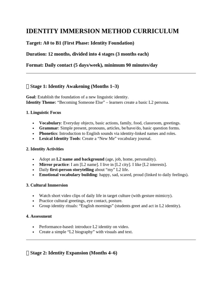Identity Immersion Method Curriculum | PDF | Linguistics | English Language