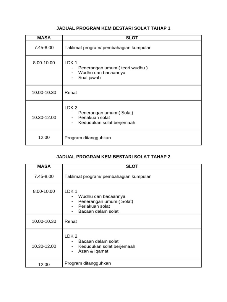 Jadual Program Kem Bestari Solat - 042935 | PDF