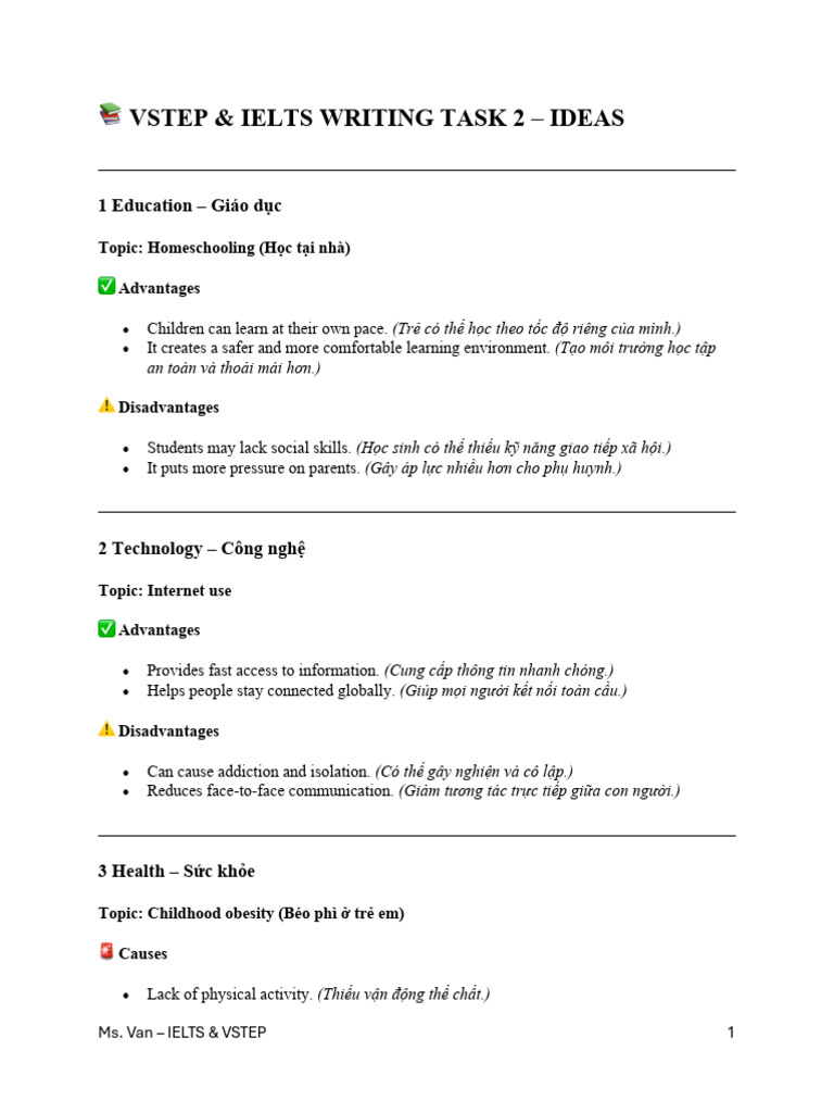 Vstep & Ielts Writing Task 2 - Ideas | PDF