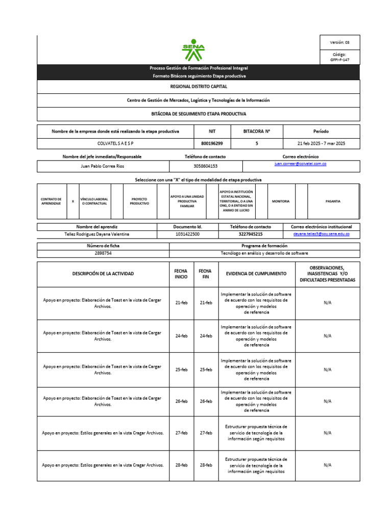 Ficha No. 2898754 - f147 - Bitacora No. 5 - Apr. Tellez Rodriguez Dayana Valentina - Final | PDF ...
