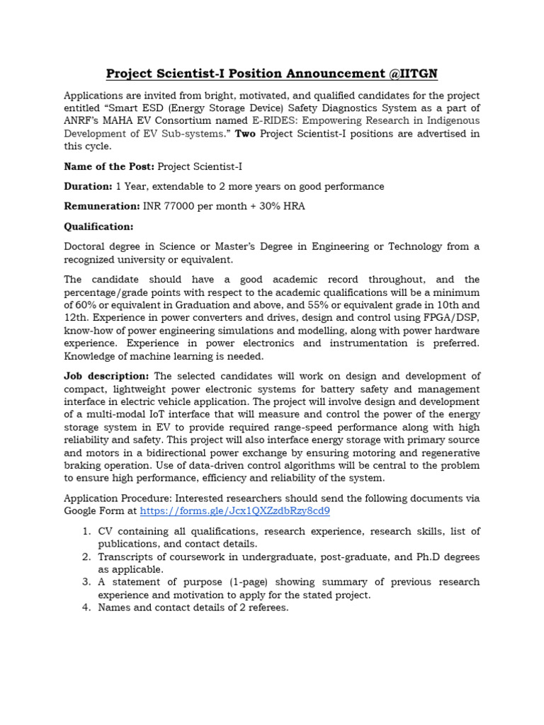 IITGN Project Positions in EV Research | PDF | Postgraduate Education