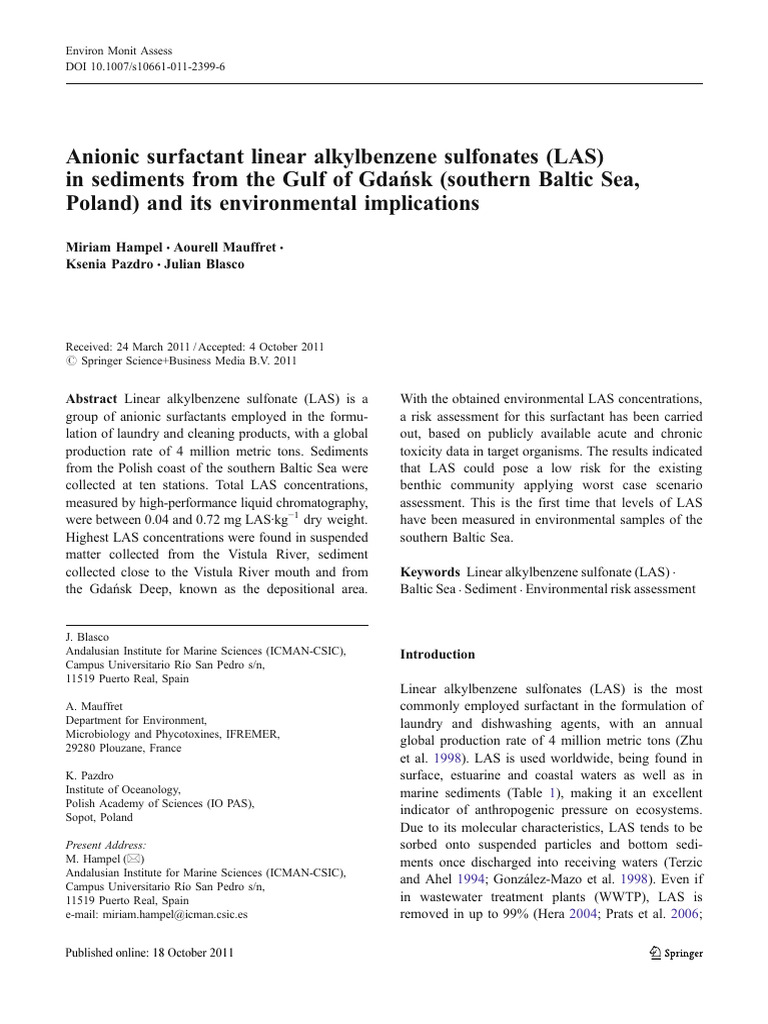 Anionic Surfactant Linear Alkylbenzene Sulfonates (LAS) in Sediments ...