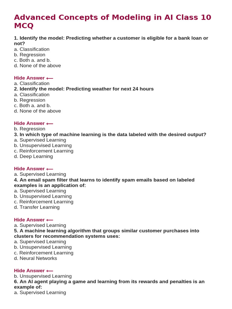 AI Modeling Concepts for Class 10 MCQs | PDF | Artificial Intelligence ...