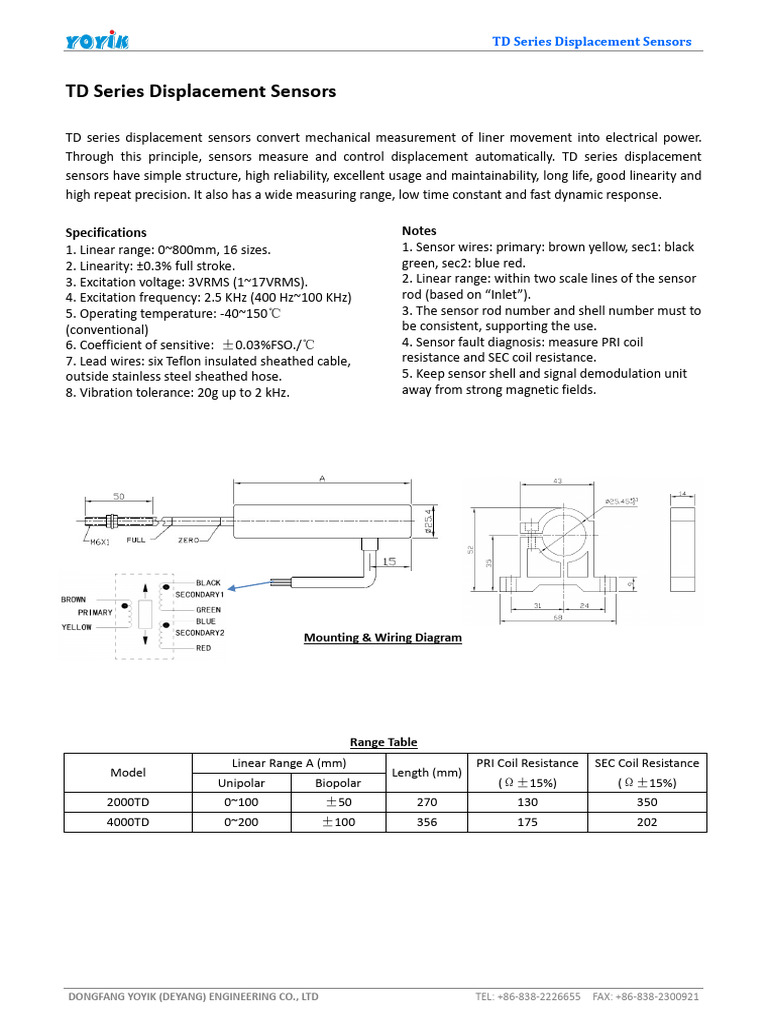 YOYIK TD Series LVDT Sensor | PDF