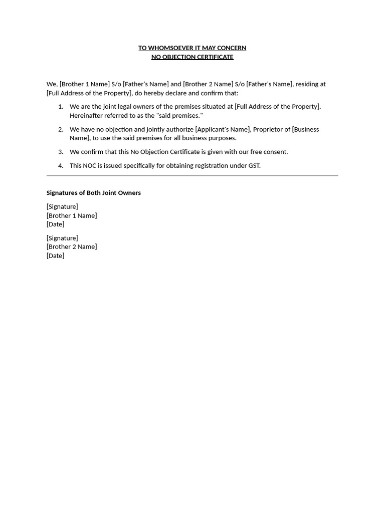 NOC for GST Registration and Business Use | PDF