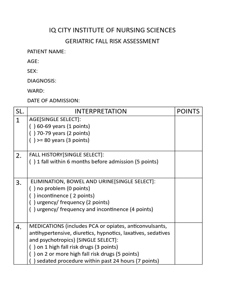 Geriatric Fall Risk Assessment Tool | PDF