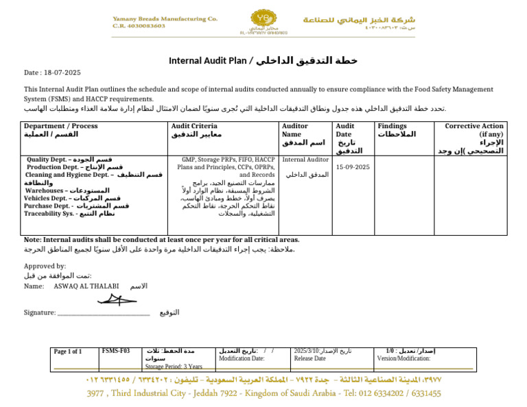 FSMS-F03-Internal Audit Plan Annual | PDF
