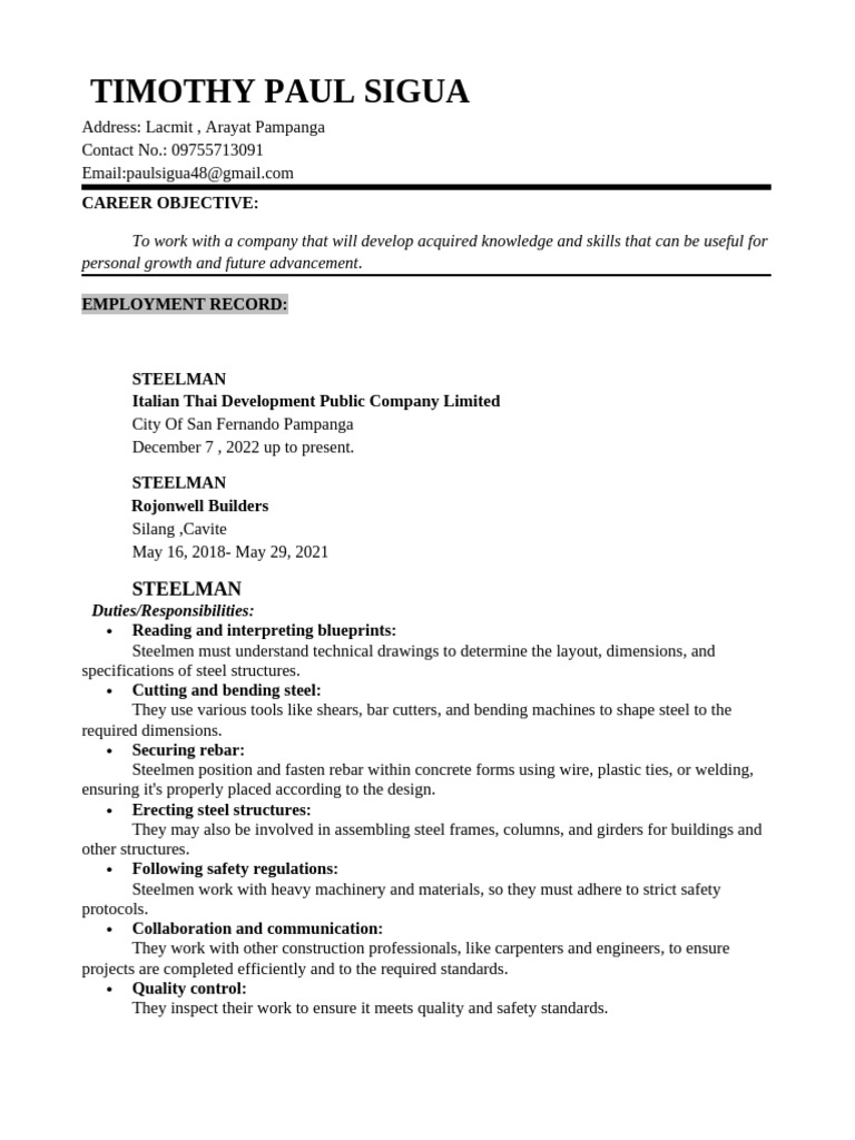 Timothy Paul Sigua - Steelman Resume | PDF