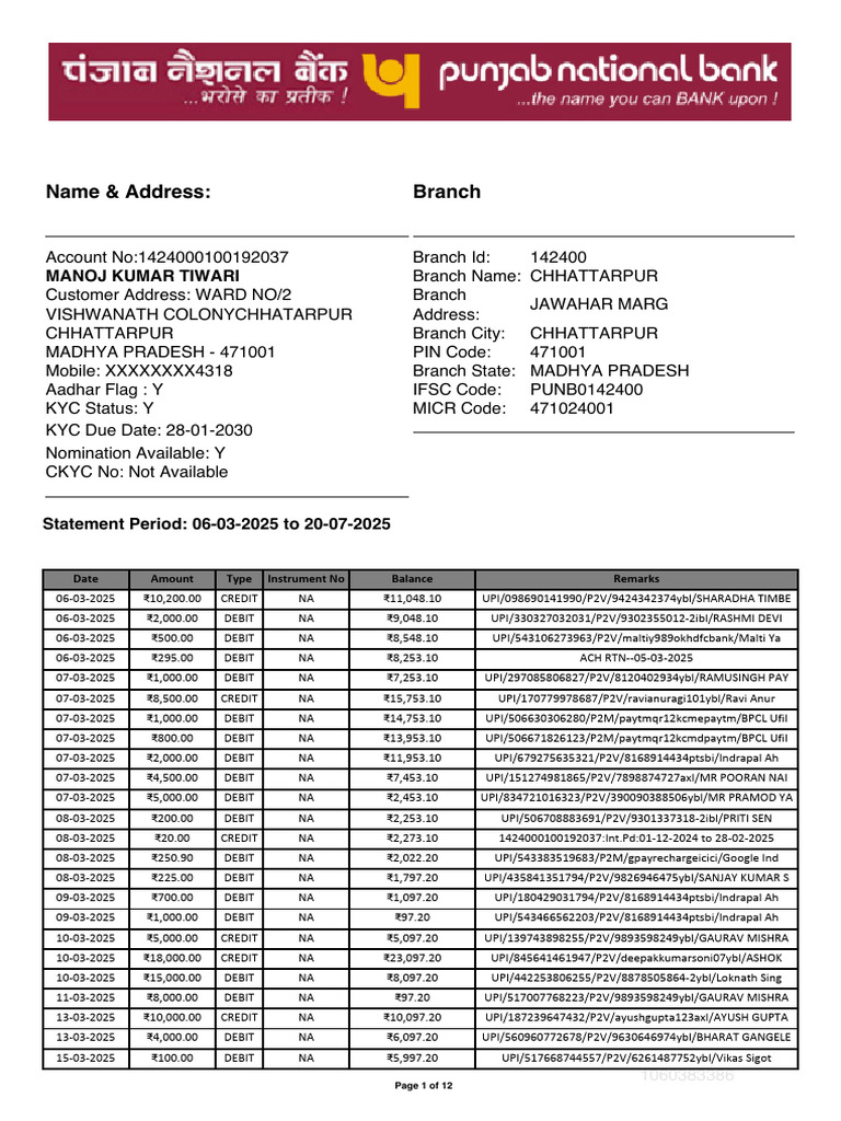 Account Statement Manoj Tiwari - Unlocked | PDF | Graphemes | Financial Services