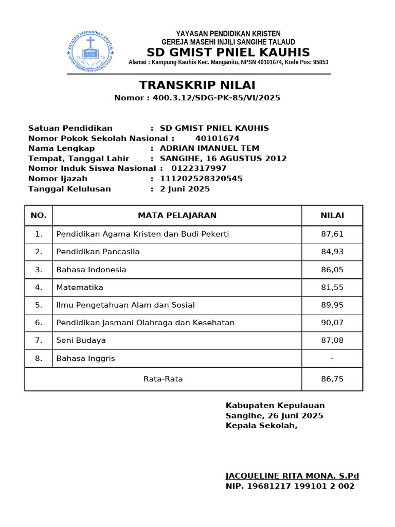 Contoh Transkrip Nilai SD Swasta Kurikulum Merdeka | PDF