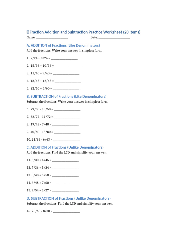 Fraction Add Subtract Worksheet | PDF
