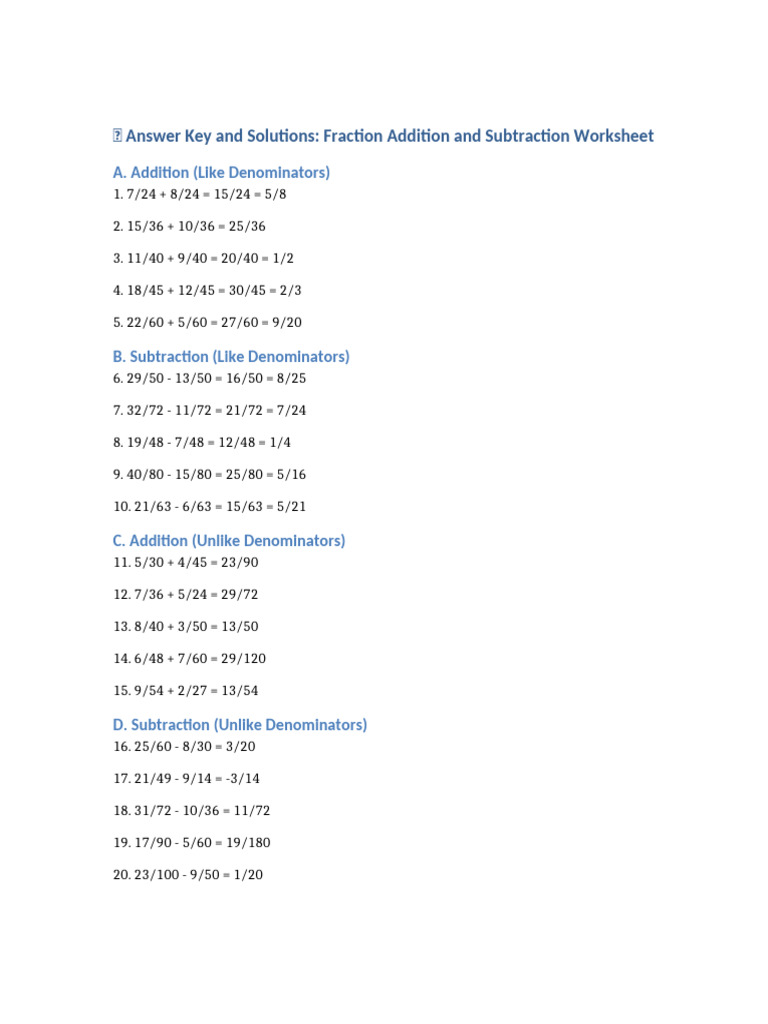 Fraction Answer Key and Solutions | PDF