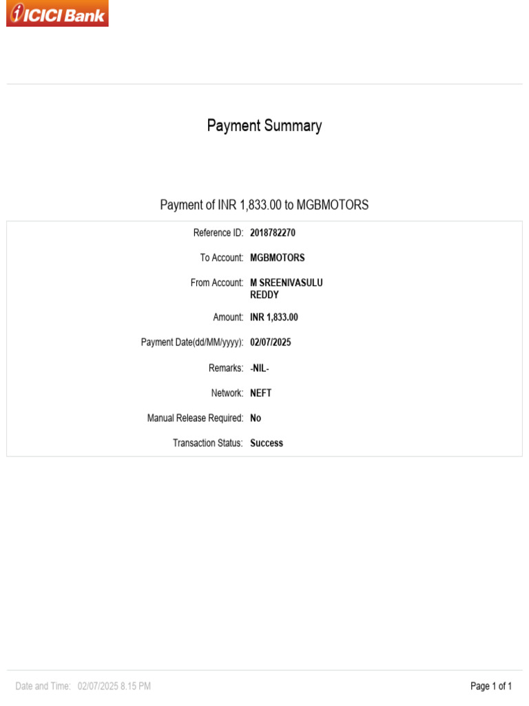 Payment Summary: Payment of INR 1,833.00 To MGBMOTORS | PDF