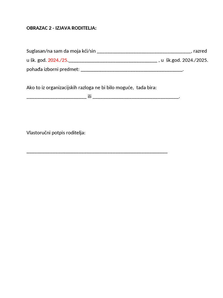 Kopija Datoteke OBRAZAC 2 Izjava Roditelja | PDF