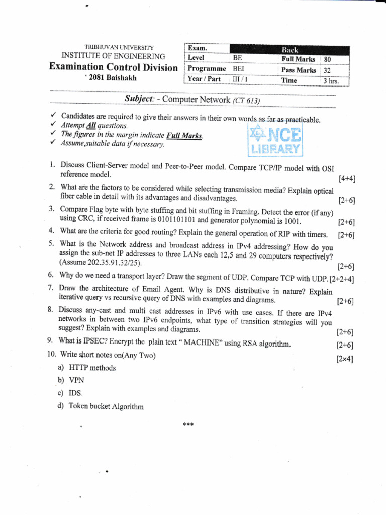 Computer Network Examination Questions | PDF | I Pv6 | Computer Network