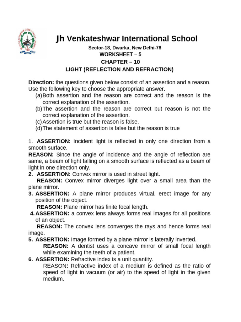 WS - 5 Class X Phy CH - 10 (Light) | PDF | Mirror | Optics