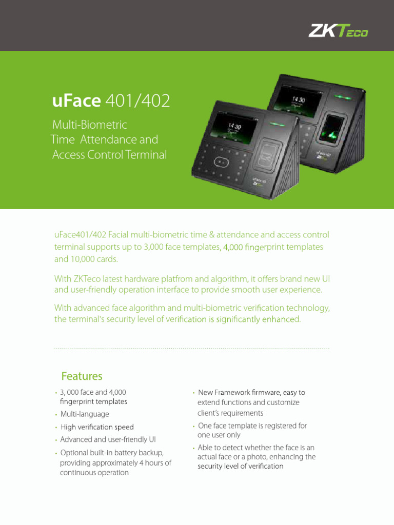 uFace 401/402 Biometric Terminal Overview | PDF | Access Control | User ...