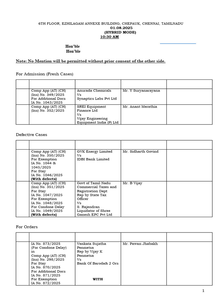NCLAT Chennai Daily Cause List 01.08.2025 | PDF