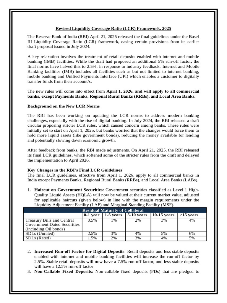 RBI's Revised LCR Guidelines 2025 | PDF | Banks | Basel Iii