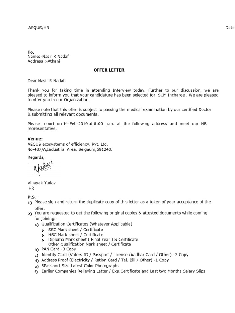 Job Offer for SCM Incharge in Belgaum | PDF