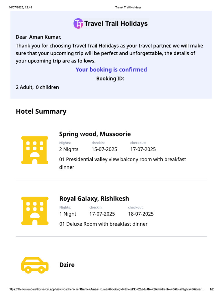 Mr. Aman Kumar Hotel Confirmation Voucher. !! | PDF