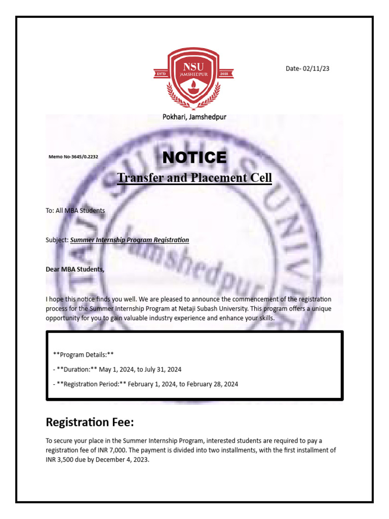 MBA Summer Internship Registration Notice | PDF | Internship | Job Hunting