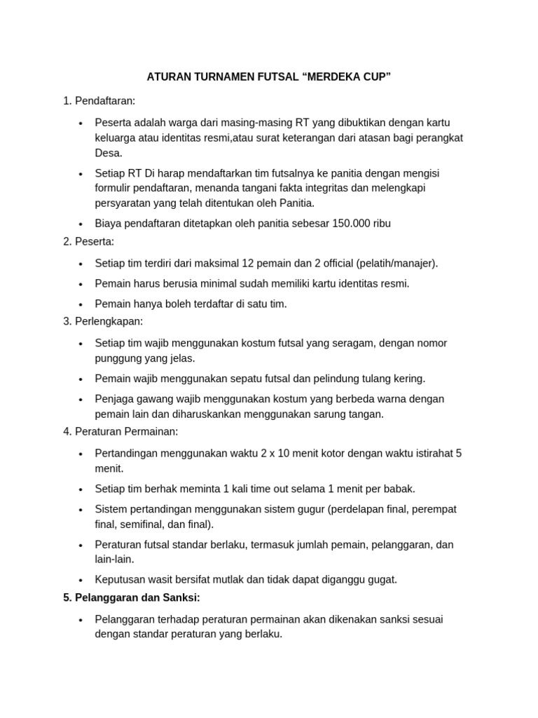 Aturan Turnamen Futsal " Merdeka Cup" | PDF