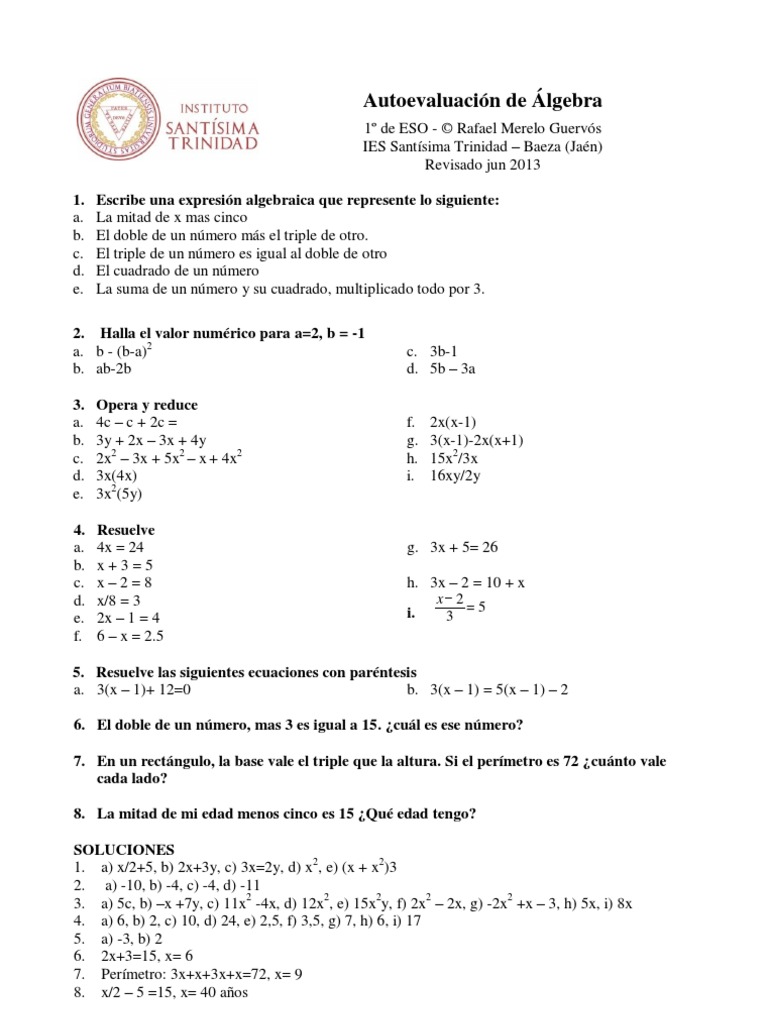 Autoevaluación de Álgebra 1º ESO | PDF