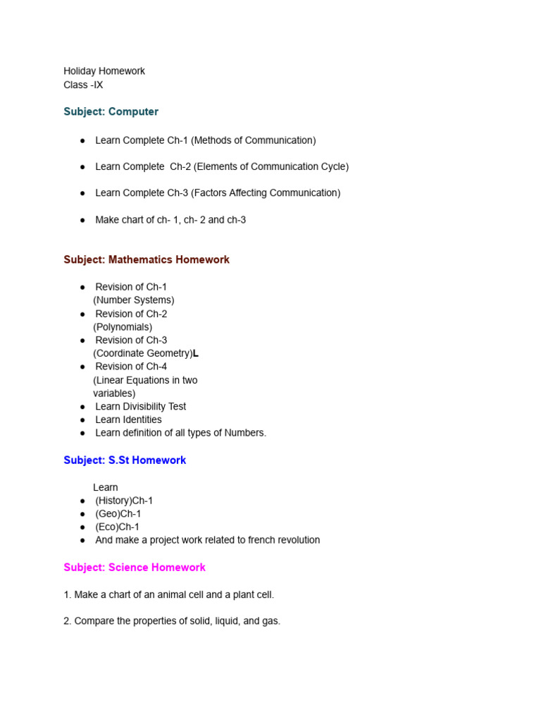 Class 9th Holiday Homework - 1 | PDF