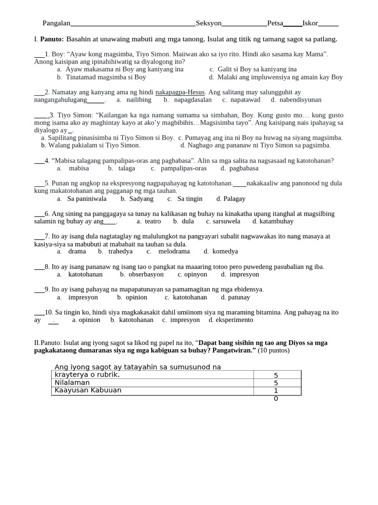 Fil9 q1 Ikatlong Lagumang Pagsusulit | PDF
