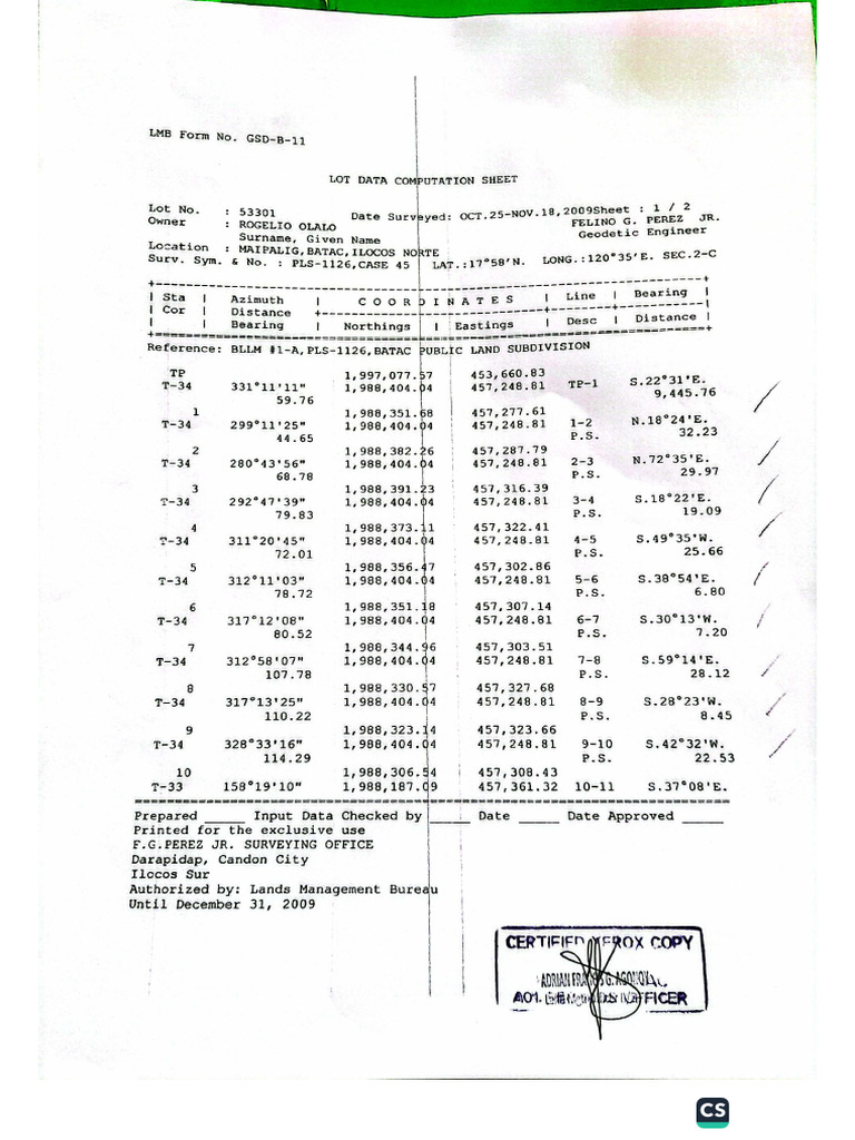 Lot Data Computation Sheet | PDF
