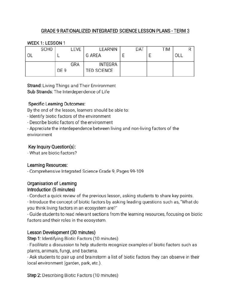 Grade 9 Rationalized Integrated Science Lesson Plan Term 3 | PDF