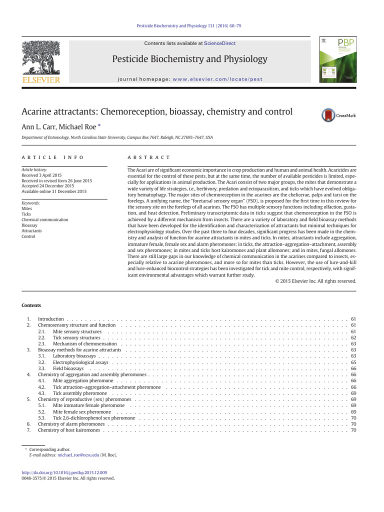 Acarine Attractants. Chemoreception, Bioassay, Chemistry and Control | PDF
