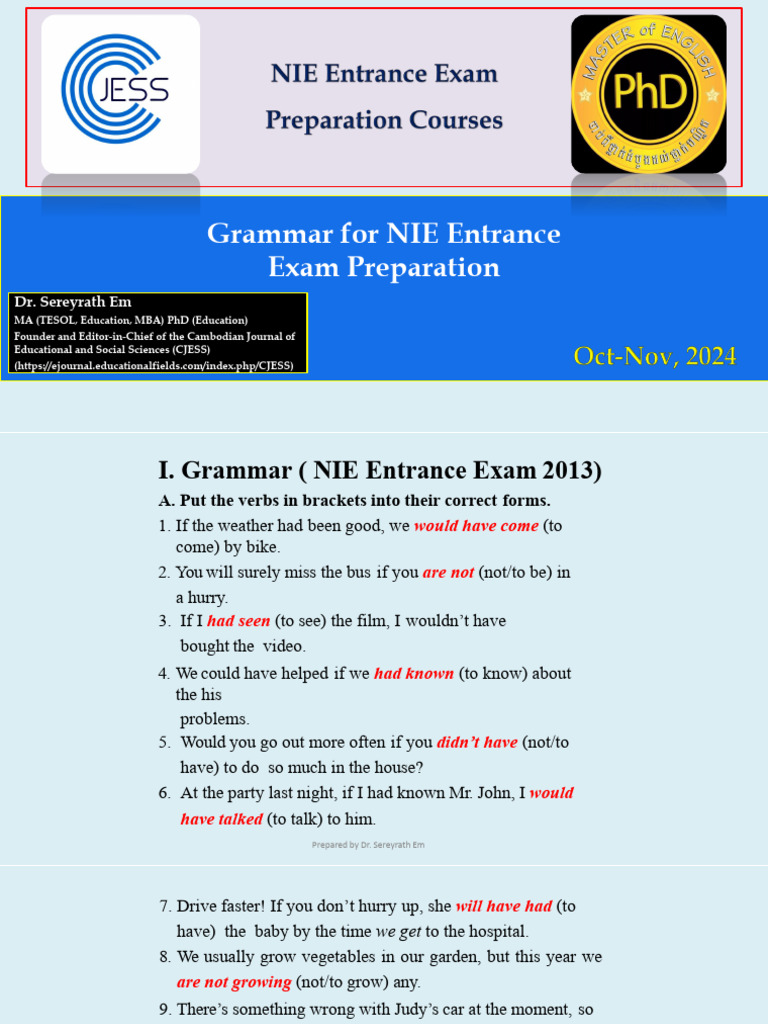 NIE Entrance Exam Grammar Guide | PDF
