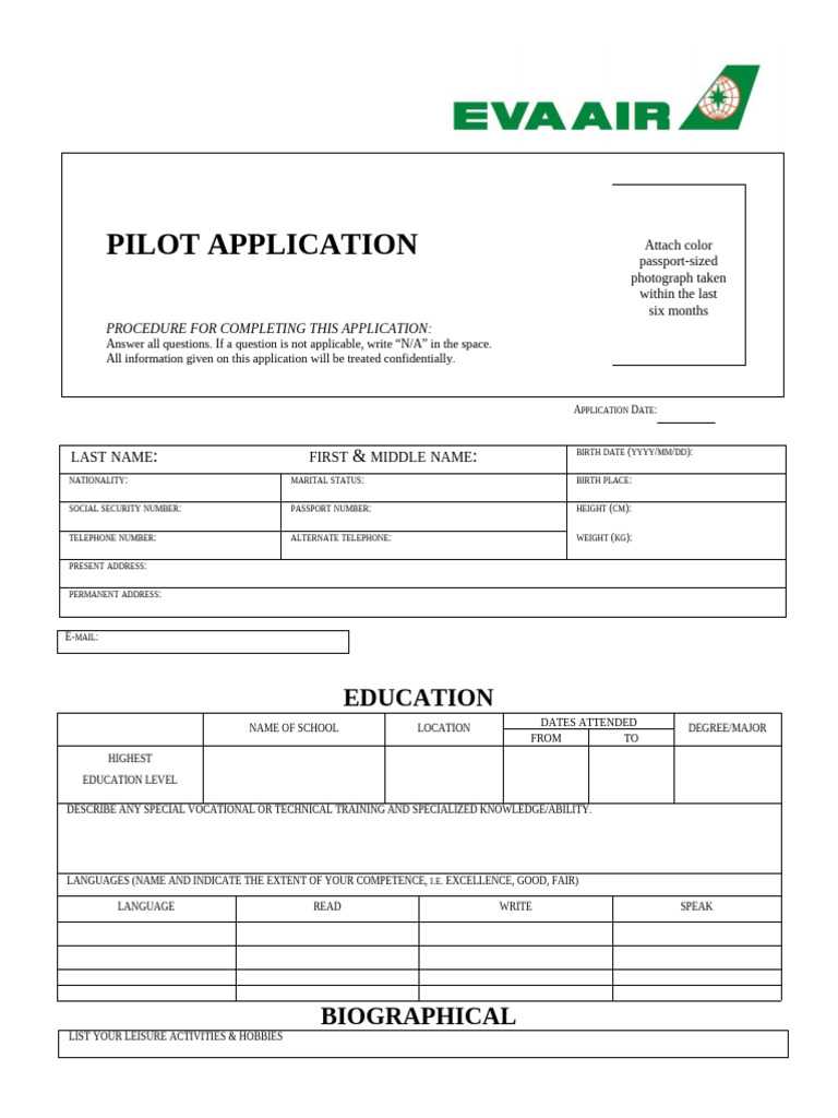 1-1. EVA Air Pilot Application Form - 2024 Blank | PDF