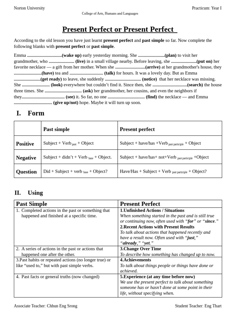 Handout Practicum Past Simple and Present Perfect Eng Thart | PDF ...