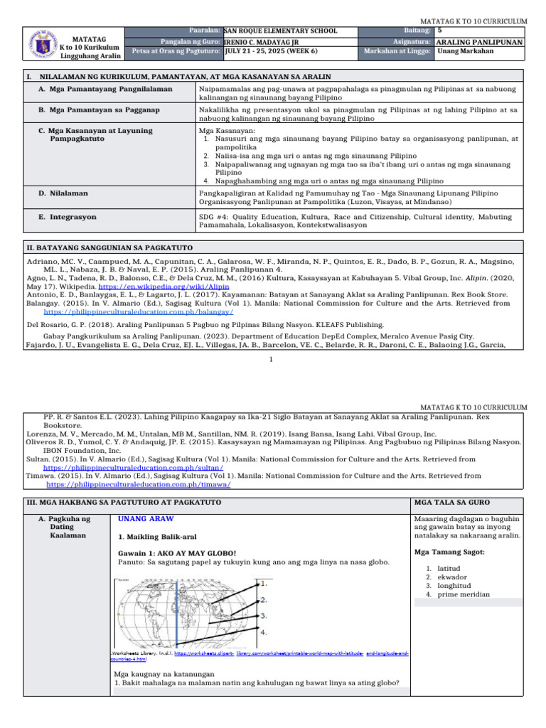 DLL Matatag - Araling Panlipunan 5 q1 w6 | PDF