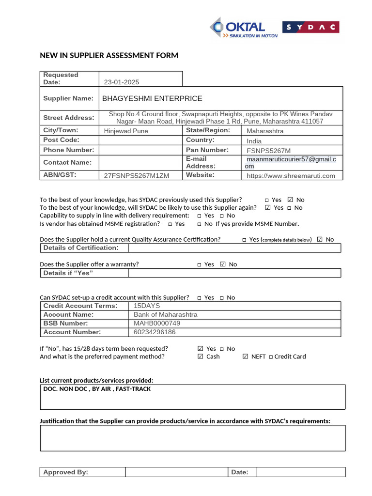 Supplier Creation Assessment Form | PDF