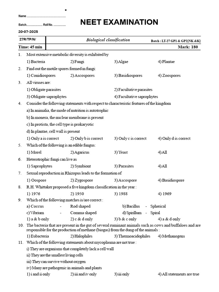 NEET 2025 Biological Classification Exam | PDF | Protozoa | Fungus