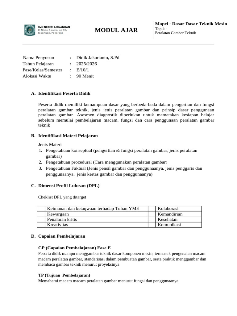 MODUL GAMBAR TEKNIK Peralatan Gambar | PDF