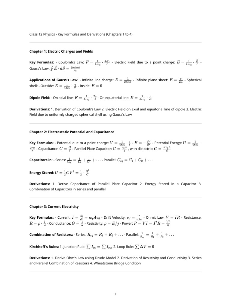 Class 12 Physics: Formulas & Derivations | PDF | Capacitance | Capacitor