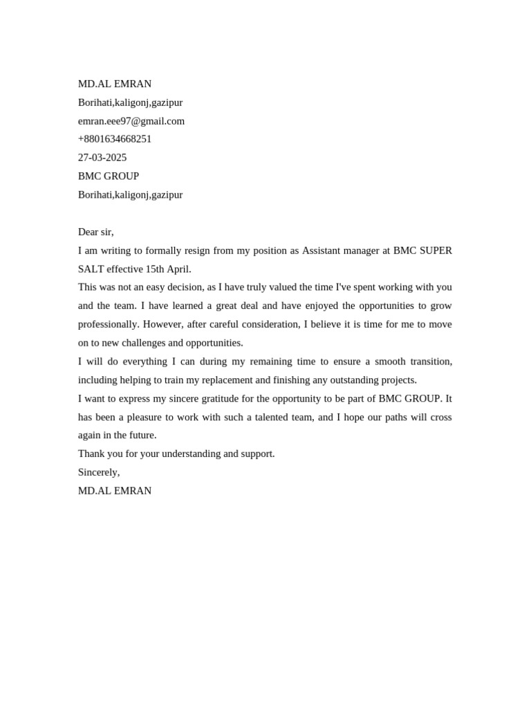 Resignation Letter of Emran | PDF