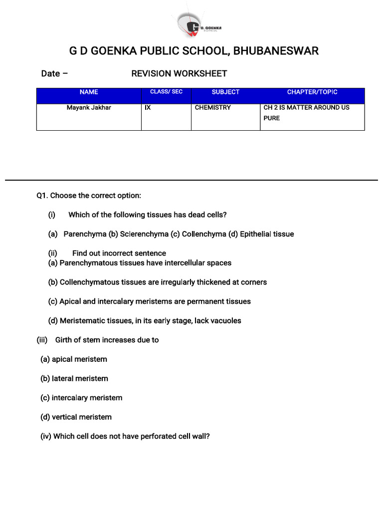w Sheet Grade 9 Ch 2 Tissue | PDF | Tissue (Biology) | Anatomy