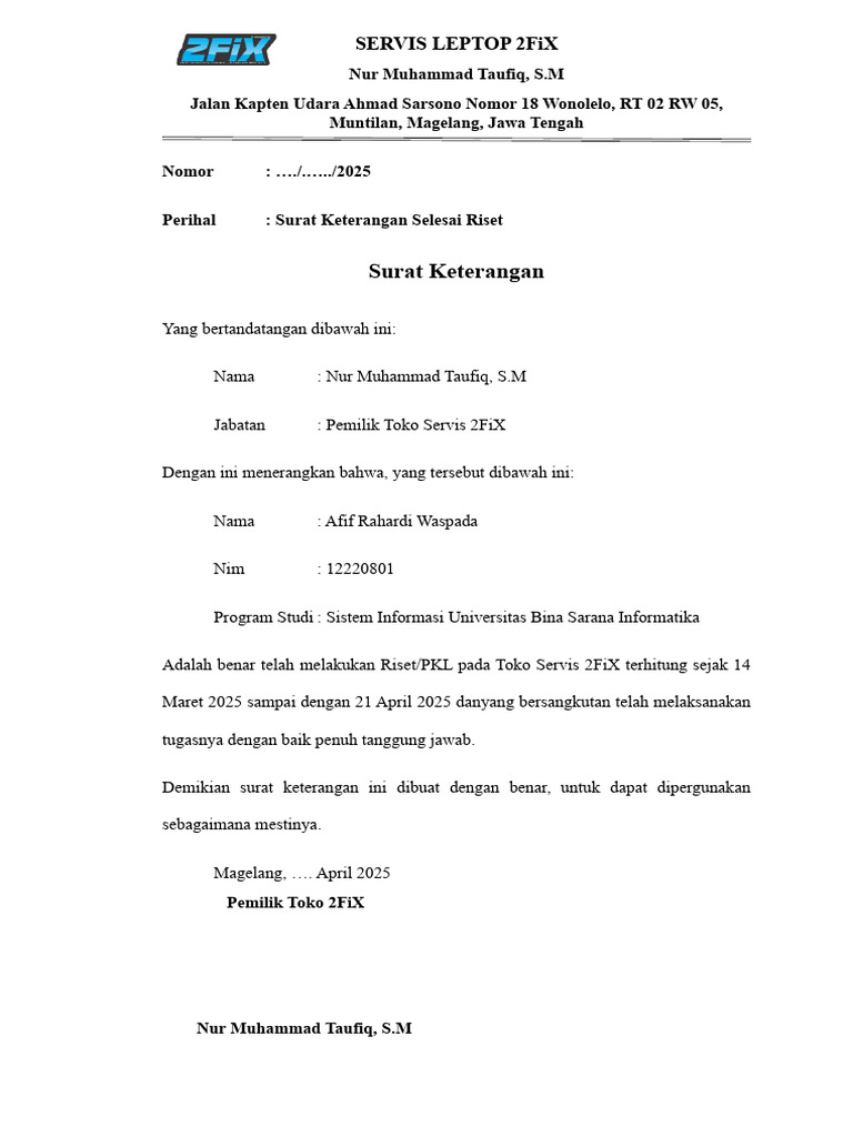 Surat Keterangan Riset 2FiX | PDF