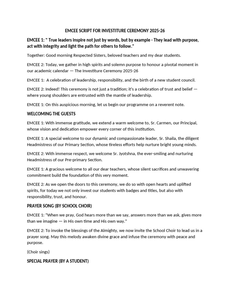 Emcee Script for Investiture Ceremony 2025-26 | PDF | Prayer