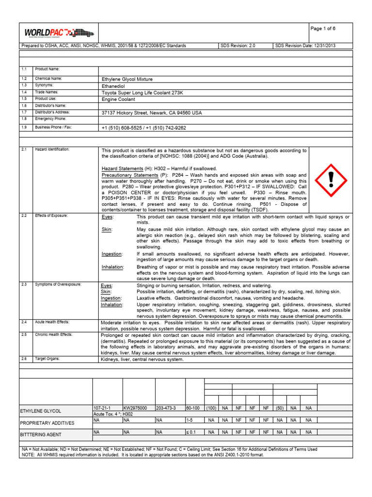 Toyota Super Long Life Coolant SDS | PDF | Personal Protective ...