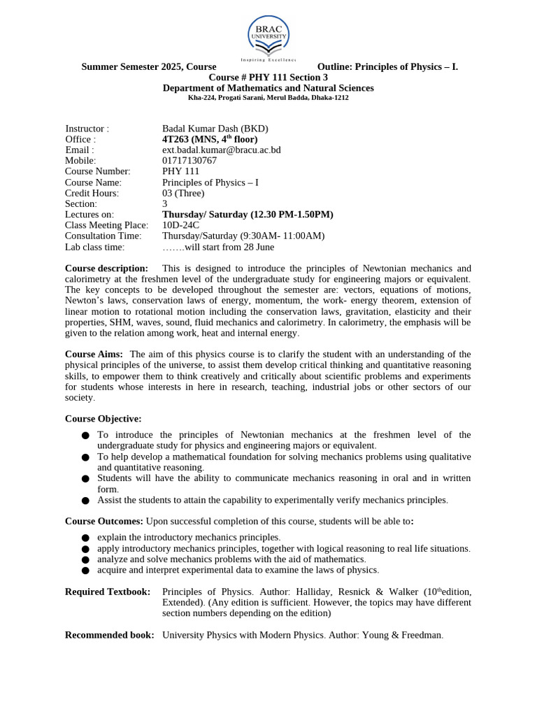 Course Outline PHY-111 (3) Summer2025 - BKD | PDF | Newton's Laws Of ...