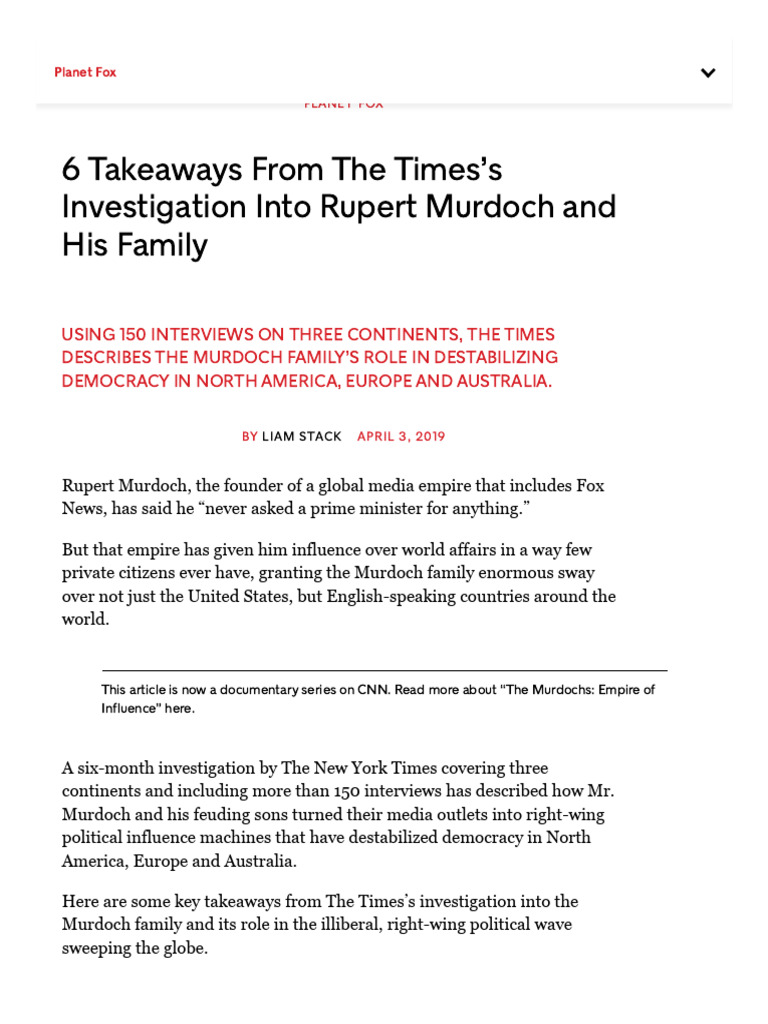 6 Takeaways From The Times's Investigation Into Rupert Murdoch and His Family - The New York ...