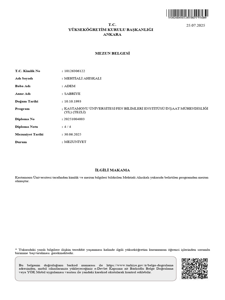 YÜKSEK LİSANS Yuksekogretim Mezun Belgesi Sorgulama | PDF